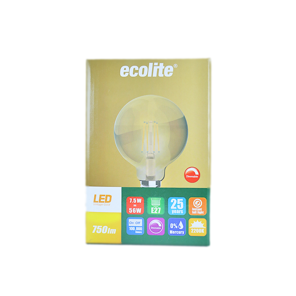 Ecolite 7,5W 220-240V 750LM 2200K E27 G125 Gold Cam Dimli-Led Flamanlı ...